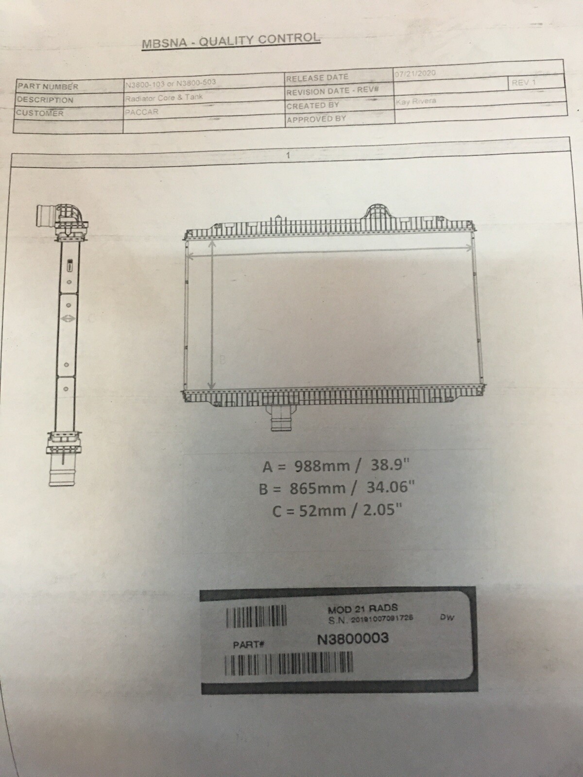 N3800003 N3800001 | Genuine Paccar Radiator Core & Tank Assembly ...