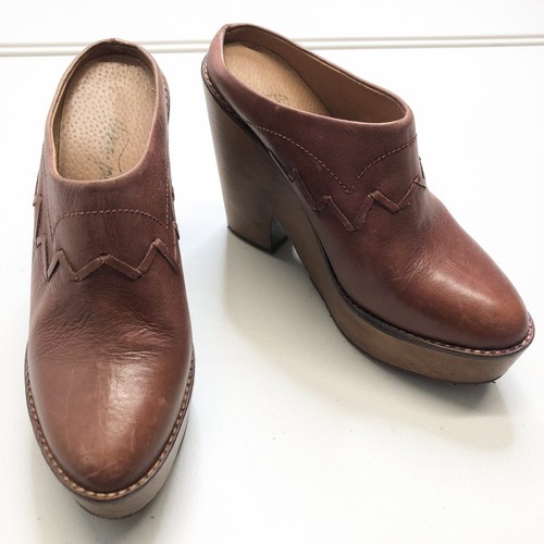 Free People Chance Platform Wooden Clogs Brown Size 38 Genuine Leather ...