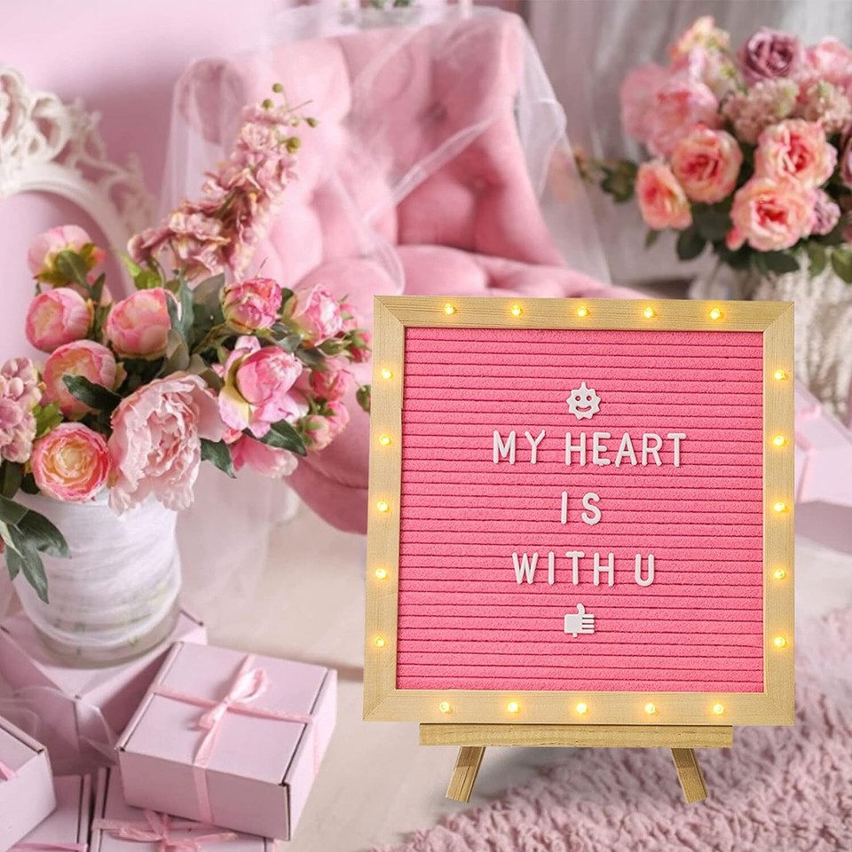 Pink Felt Letter Board with Stand, Built-in LED Lights 10x10 inches ...