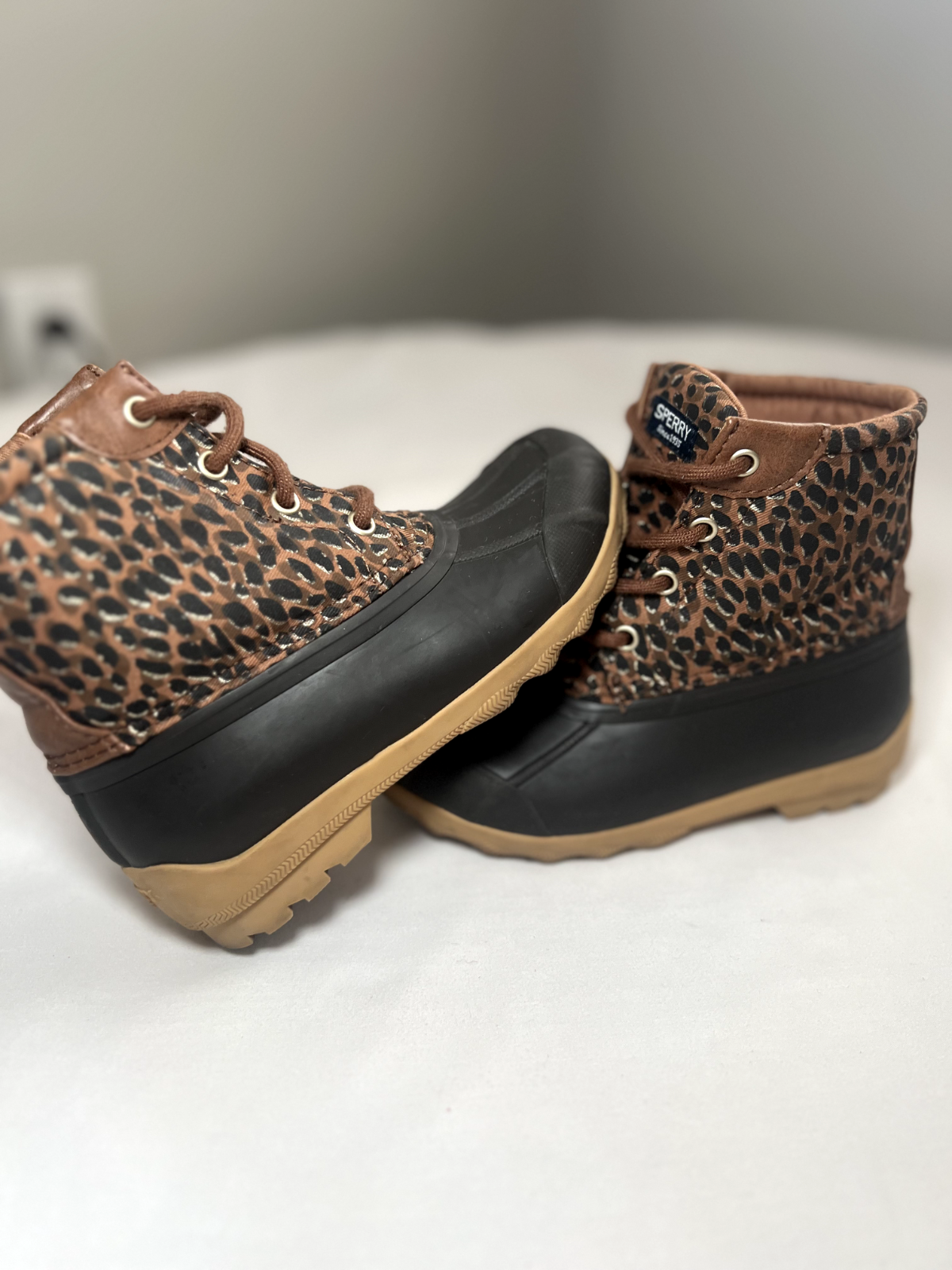 Sperry Port SCK165445 Brown Leopard Lace up Duck Rain Boot Girls Size ...