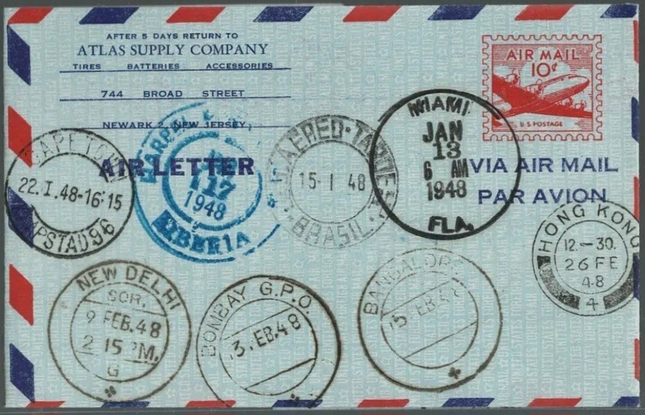 US First Flight Airmail Cover Around The World 1948 Hong Kong Bangkok ...
