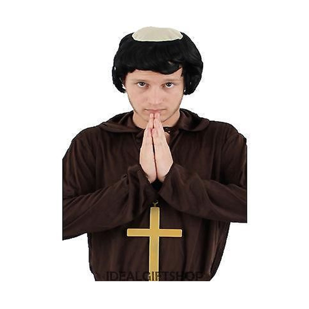 ADULTS MONK WIG & CROSS KIT MEDIEVAL PRIEST FANCY DRESS RELIGIOUS FRIAR ...