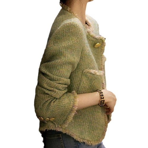 Women's French Elegant Tassel Coarse Woolen Classic Jacket Short Green ...