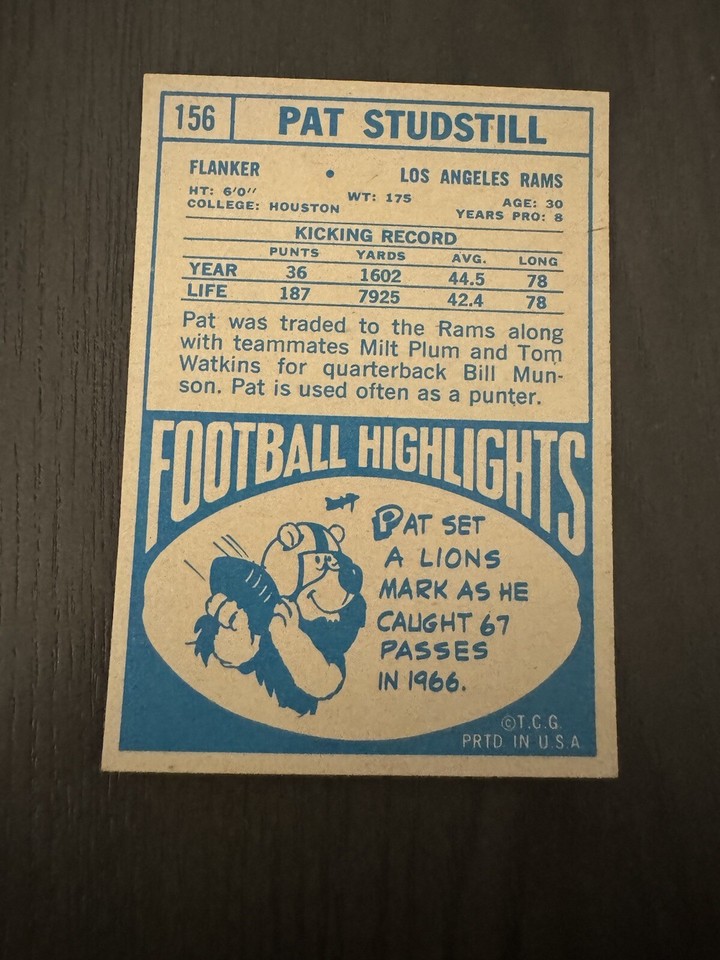 1968 Topps #156 PAT STUDSTILL Los Angeles Rams Football Card | eBay