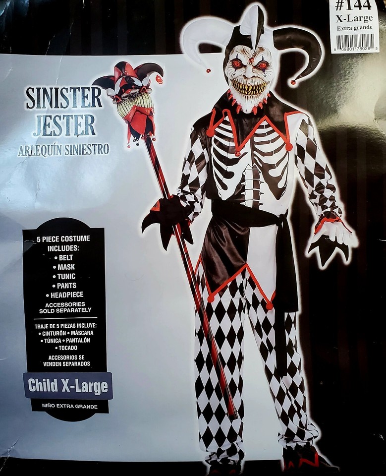 Sinister Jester Halloween Costume XL Child 14/16 Evil Clown Five Piece ...