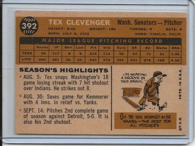 1960 Topps - Gray Back #392 Tex Clevenger for sale online | eBay