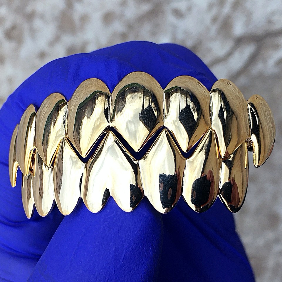 14K Gold Plated Shark Grillz 8 Top & Eight Bottom Teeth Set Vampire ...