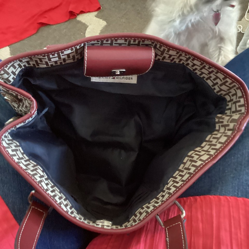 Tommy Hilfiger Burgundy Beige Logo 2 Handled Purse Bag | eBay