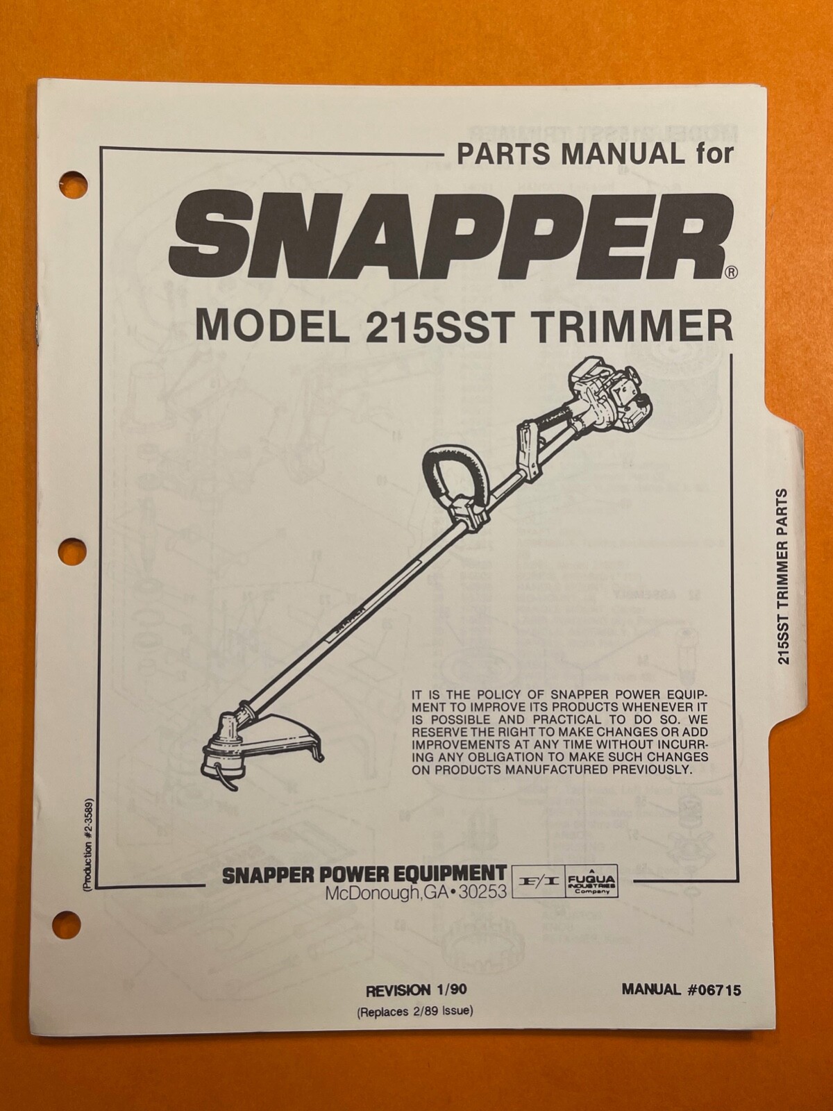 Snapper - Model 215SST Trimmer (Parts Manual #06715) *1990* String ...
