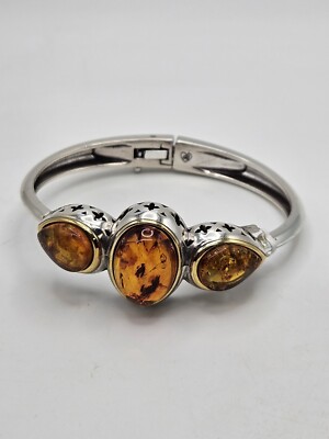 Brighton BERNSTEIN Amber Cabochon Silver Tone Hinged Bangle Bracelet | eBay