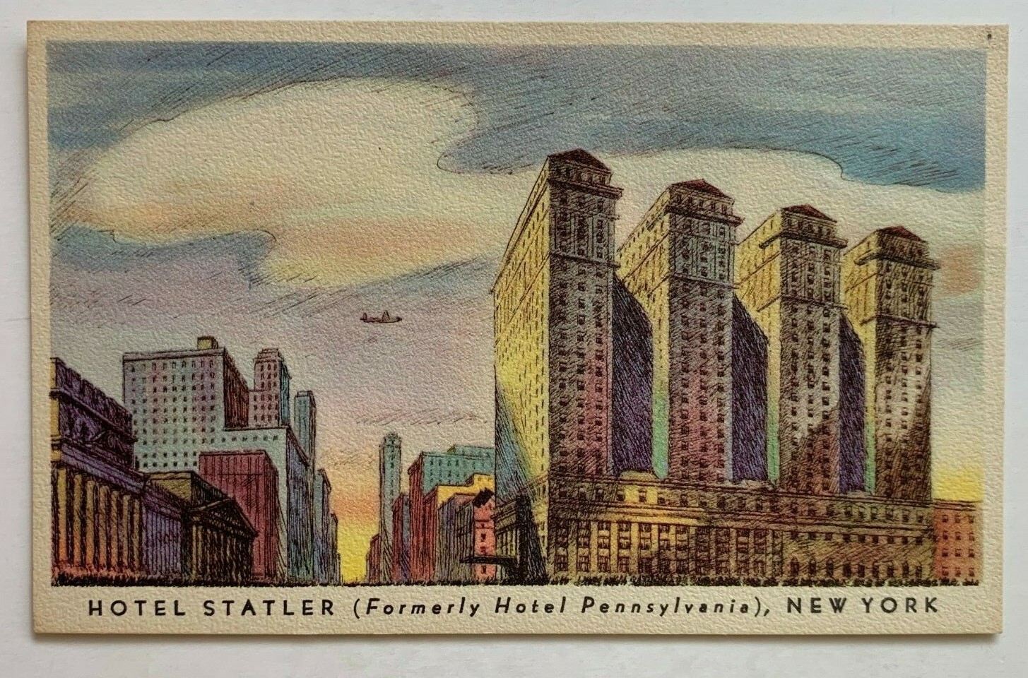 NY Postcard New York City Hotel Statler illustration skyline Seventh ...