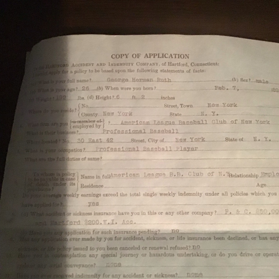 March 1920 Hartford Insurance Contract Babe Ruth Yankees autograph ...