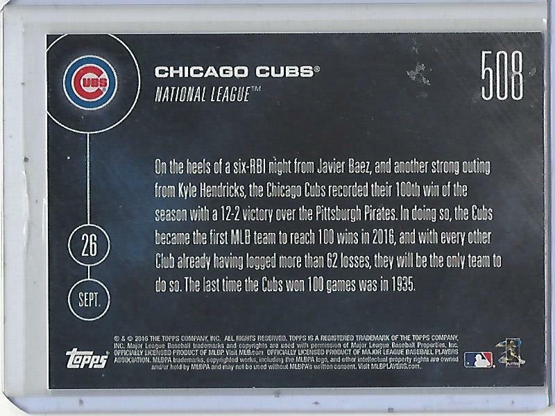 2016 TOPPS NOW CARD #508 Chicago Cubs - RECORD THEIR 100 WIN SEASON | eBay