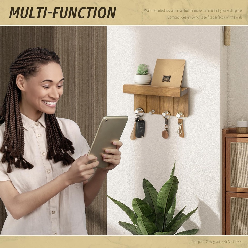 Modern Farmhouse Key Holder Wall Mount - 8 inch Rustic Key and Mail ...