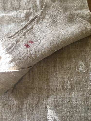 Antique French Country Loom Woven Linen Flax Fabric Farm Sack ~Red Mono ...