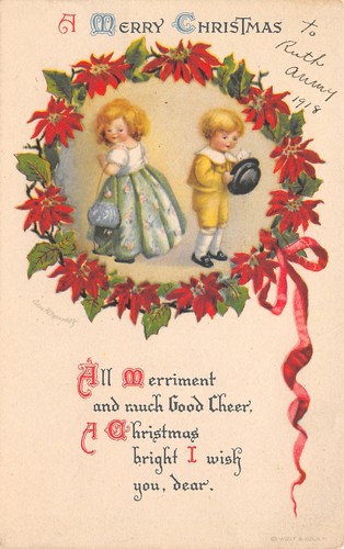 Ellen H Clapsaddle Christmas~Victorian Boy & Girl in Poinsettia Wreath ...