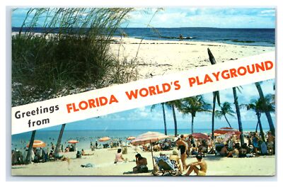 1985 FL Postcard- GREETINGS FROM Beach Swimming Sunbathing People | eBay