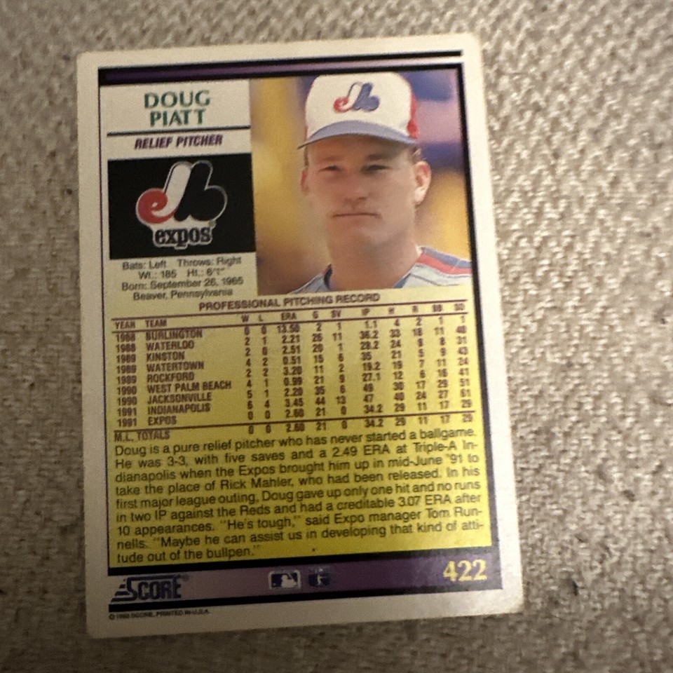 1992 Score Montreal Expos Baseball Card #422 Doug Piatt | eBay