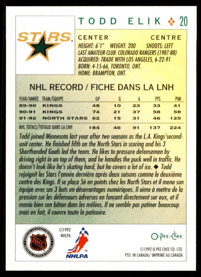 1992-93 O-Pee-Chee Todd Elik . Minnesota North Stars #20 | eBay