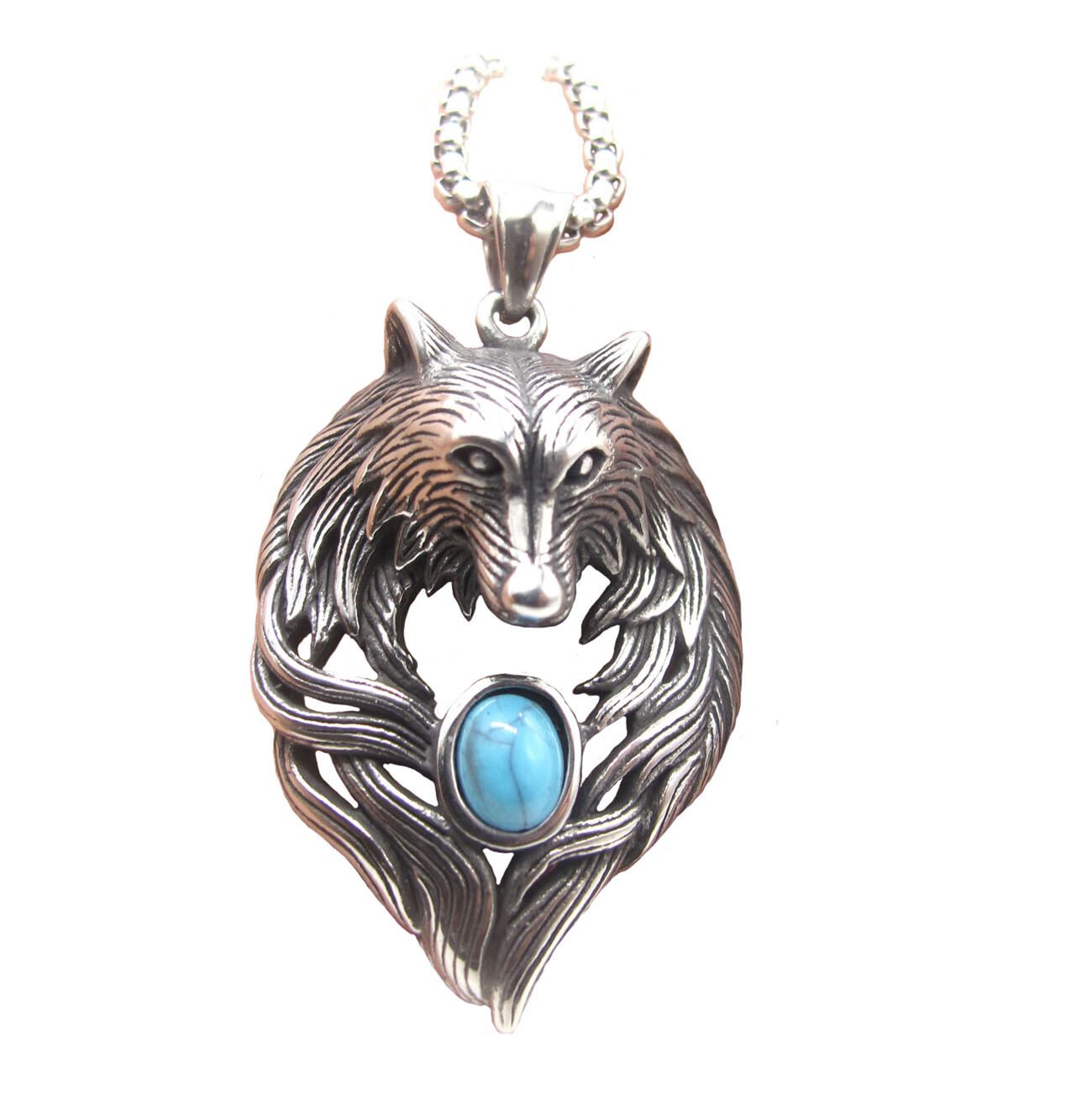 MENDEL Mens Stainless Steel Turquoise Wolf Head Pendant Necklace For ...