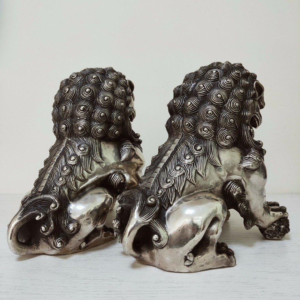 8inch Big Tibet silver Fu Foo Dog Guardian lion argent lucky statues ...