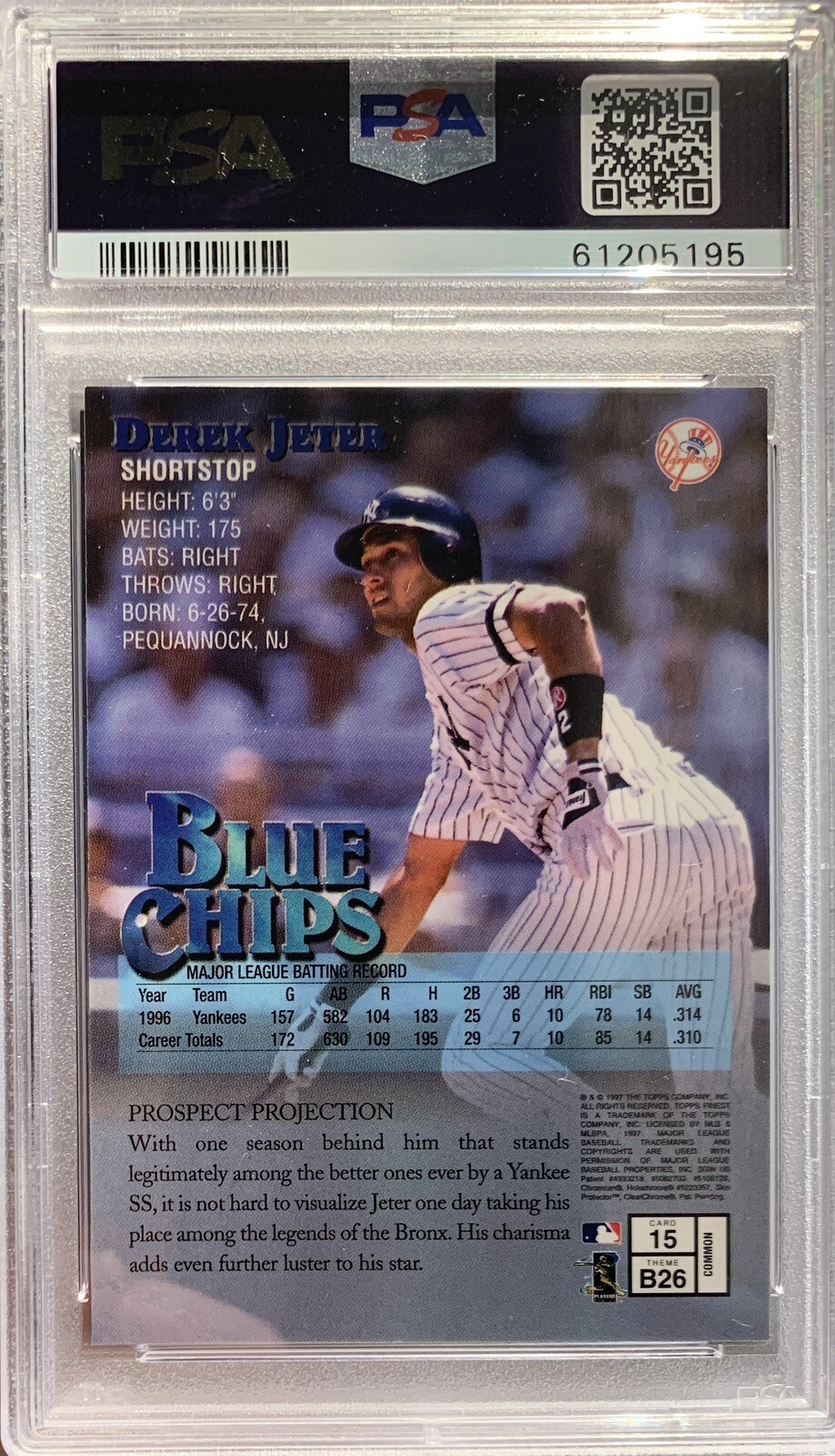 DEREK JETER 1997 Topps FINEST Blue Chips W/COATING #15 PSA 9 MINT HOF ...