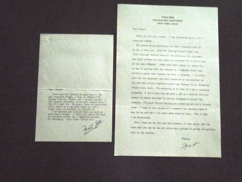 Fred Ebb, 2 typed, hand-signed, letters - 1 card and 1 on letter-head ...