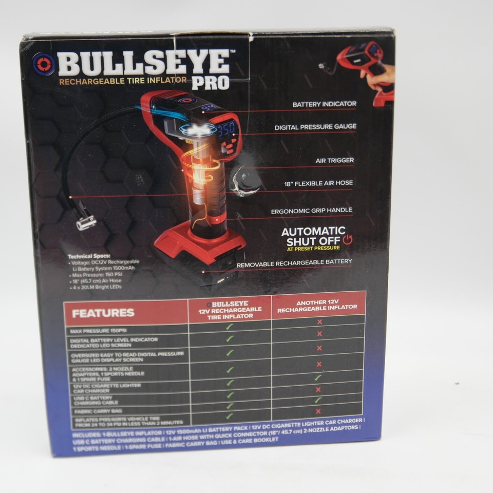 Bullseye Pro Portable Rechargeable Tire Inflator with Digital Pressure ...