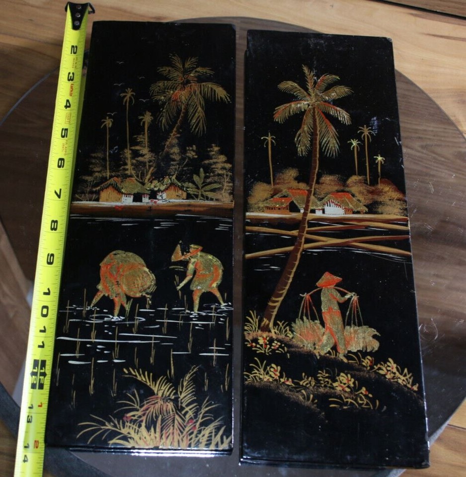 Asian Farmer Wall Art Hand Painted Original Culture Rice Paddy VTG ! | eBay