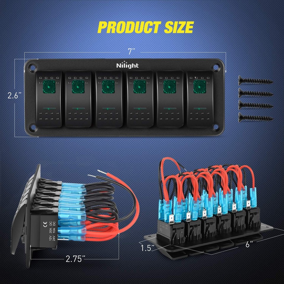 Nilight 6 Gang Rocker Switch Panel 5Pin On Off Toggle Aluminum 6 Gang ...