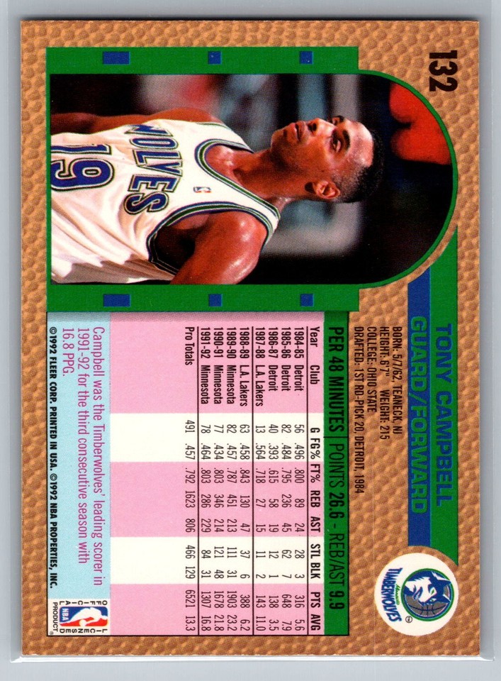 Tony Campbell 1992-93 Fleer BASKETBALL #132 Minnesota Timberwolves | eBay