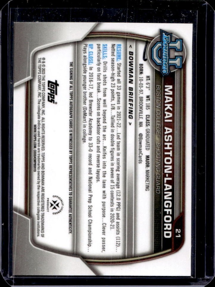Makai Ashton-Langford Boston College Basketball Panini Autograph Rookie ...