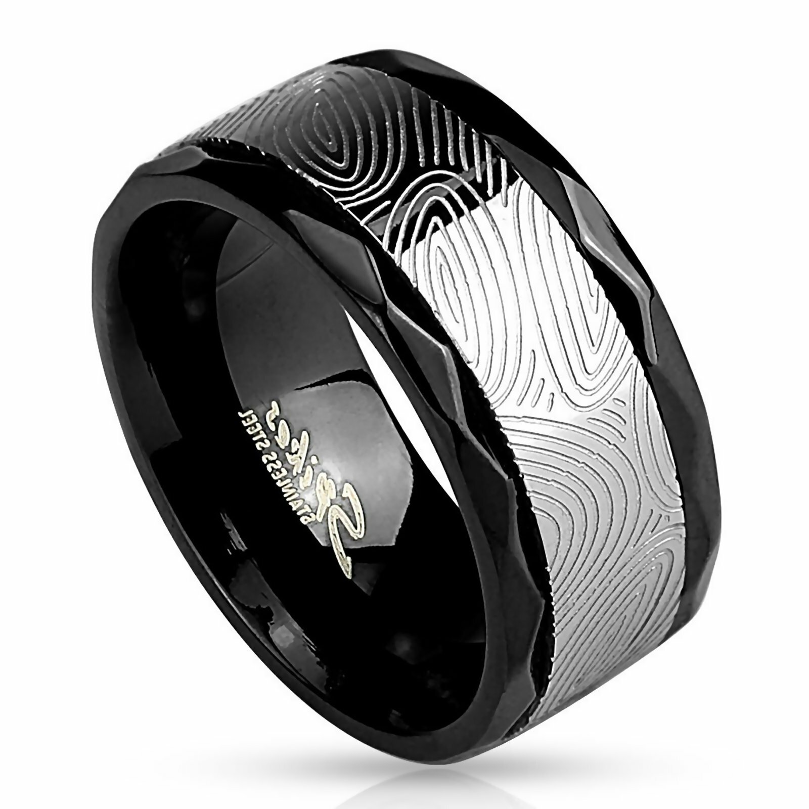 Mens Damascus Style Stainless Steel Black Spinner Ring Fidget Band | eBay