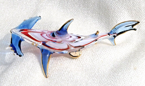 Blue Maroon HAMMERHEAD shark figurine handmade blown glass gold trim 4. ...