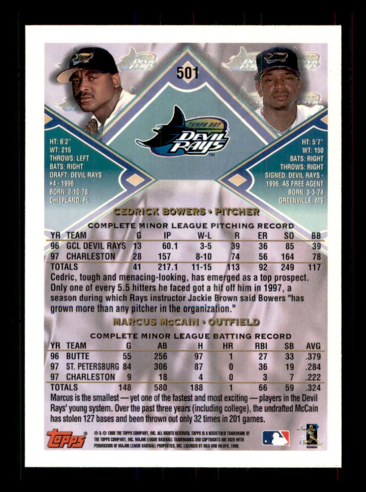 1998 Baseball Topps Cedrick Bowers / Marcus McCain Tampa Bay Devil Rays ...