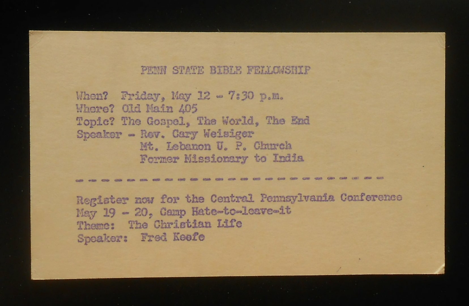 1950 Penn State Bible Rev. Cary Weisiger Pittsburgh Lock Haven State ...