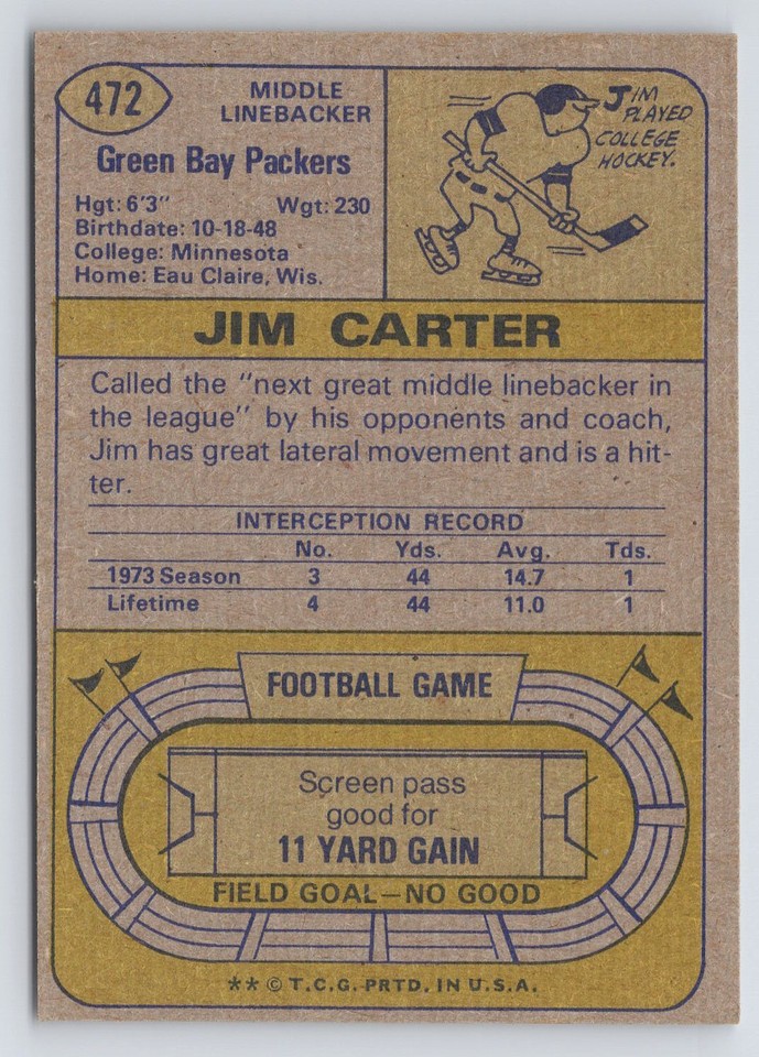 1974 Topps #472 Jim Carter - Packers - Nrmt | eBay