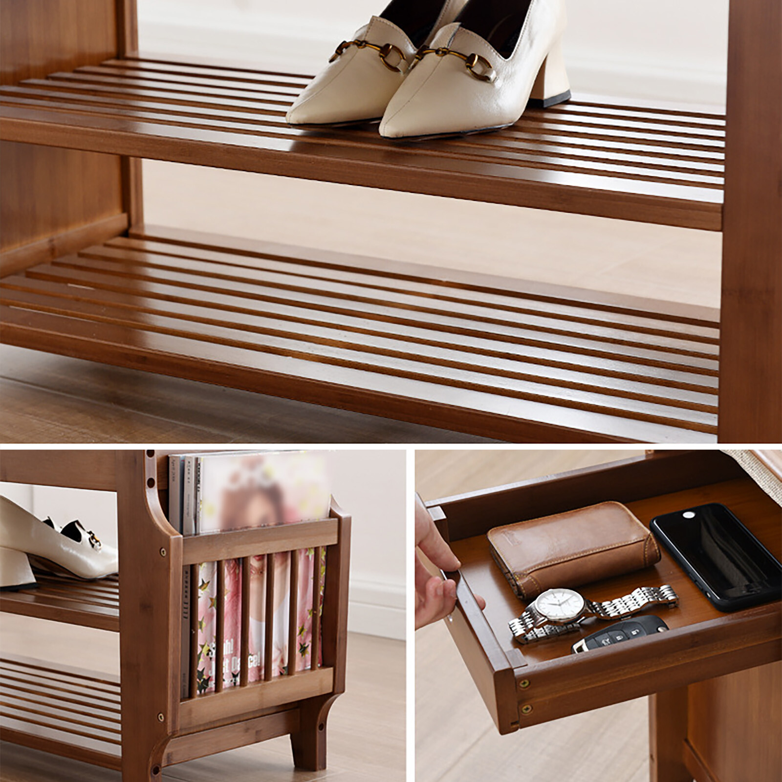Bamboo Shoe Rack 2 Tier Bench w/ Removable Cushion Entryway Organizer ...