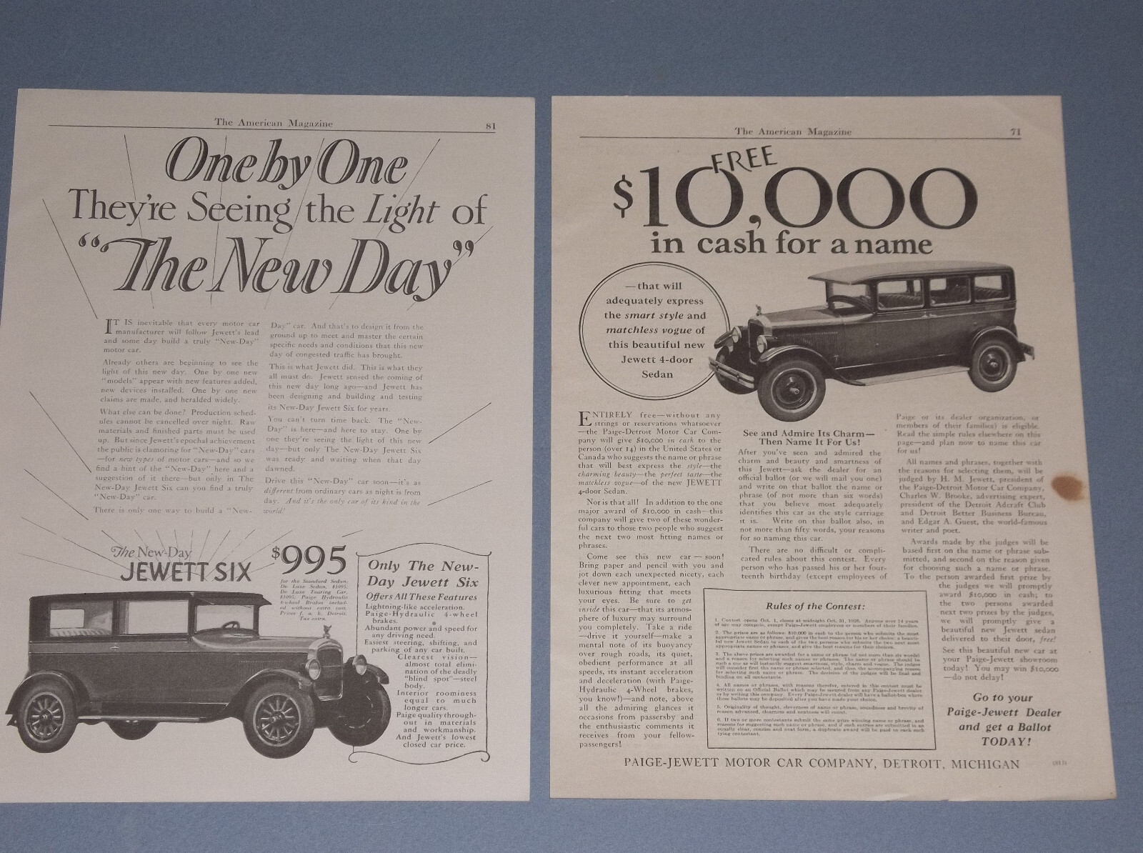 3 1926 NEW DAY JEWETT SIX AUTO ADS PAIGE-JEWETT MOTOR CAR COMPANY ADS ...