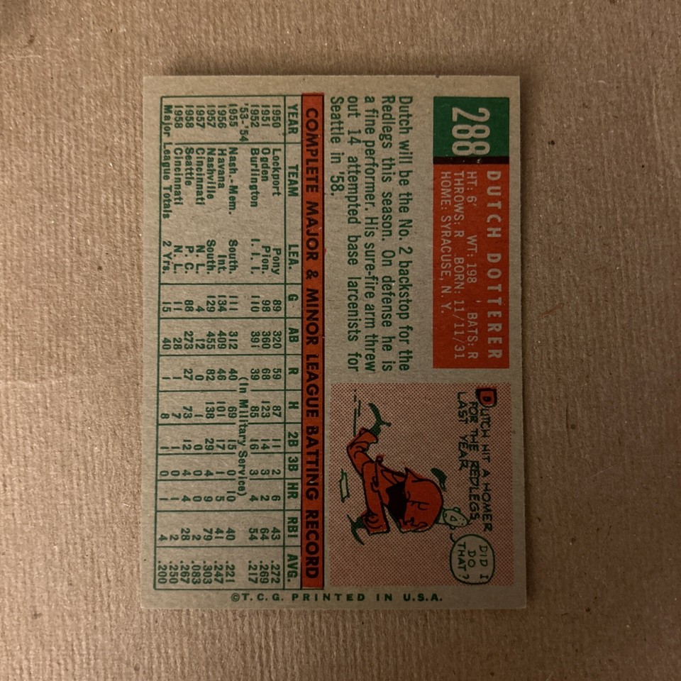 1959 Topps Baseball Dutch Dotterer Cincinnati Redlegs Card #288 | eBay