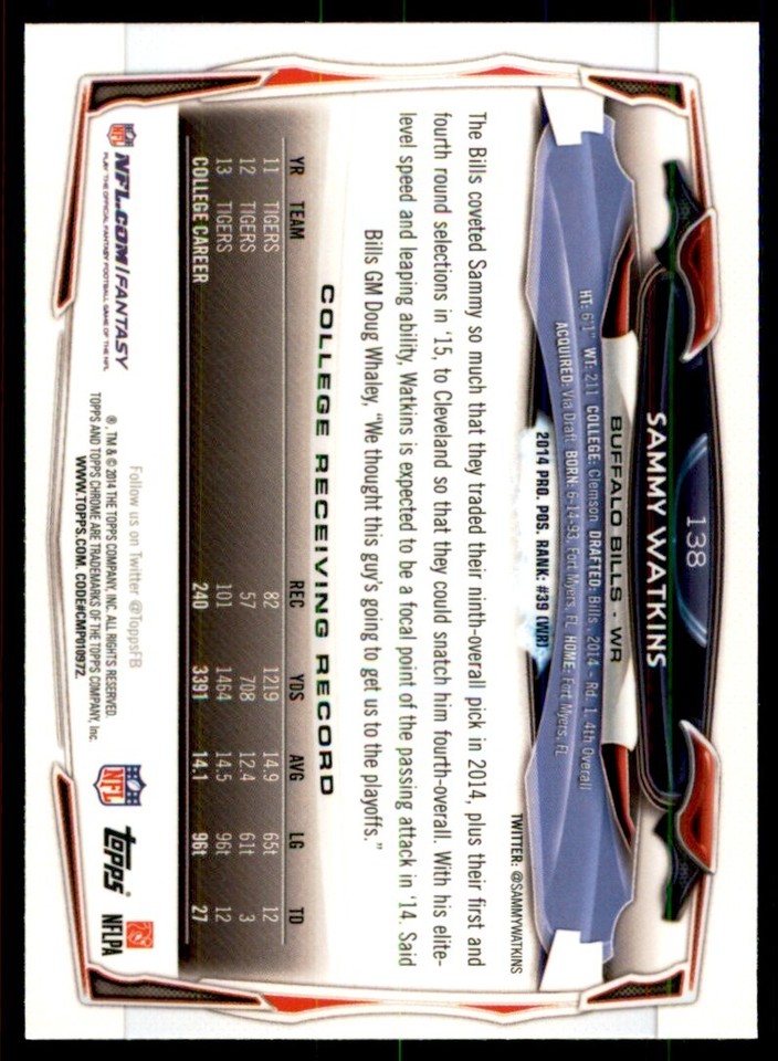 2014 Topps Chrome Sammy Watkins B Football Cards #138 | eBay