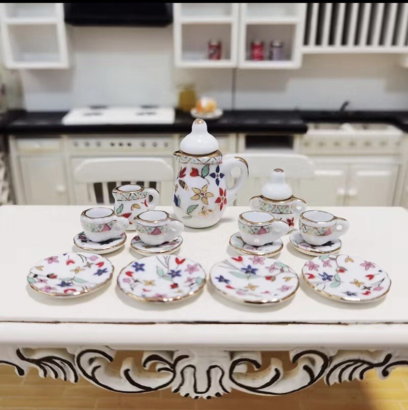 Dollhouse Miniature Porcelain Dinnerware Coffee tea pot cups dish set ...