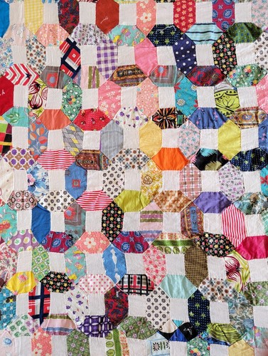 Vtg 1950s Hand Sewn Cotton Patchwork OCTAGON QUILT TOP 100s of Prints ...