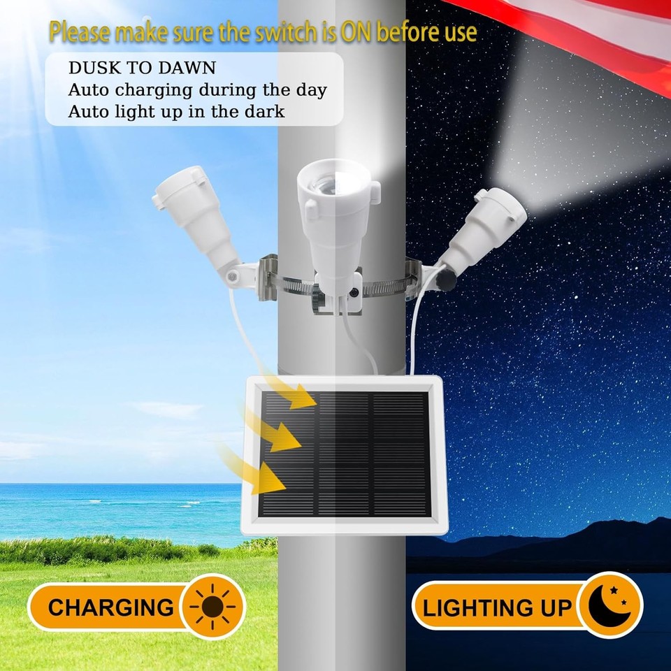 Solar Flag Pole Light, Flagpole Light Powered, 3 Super Bright PC White ...