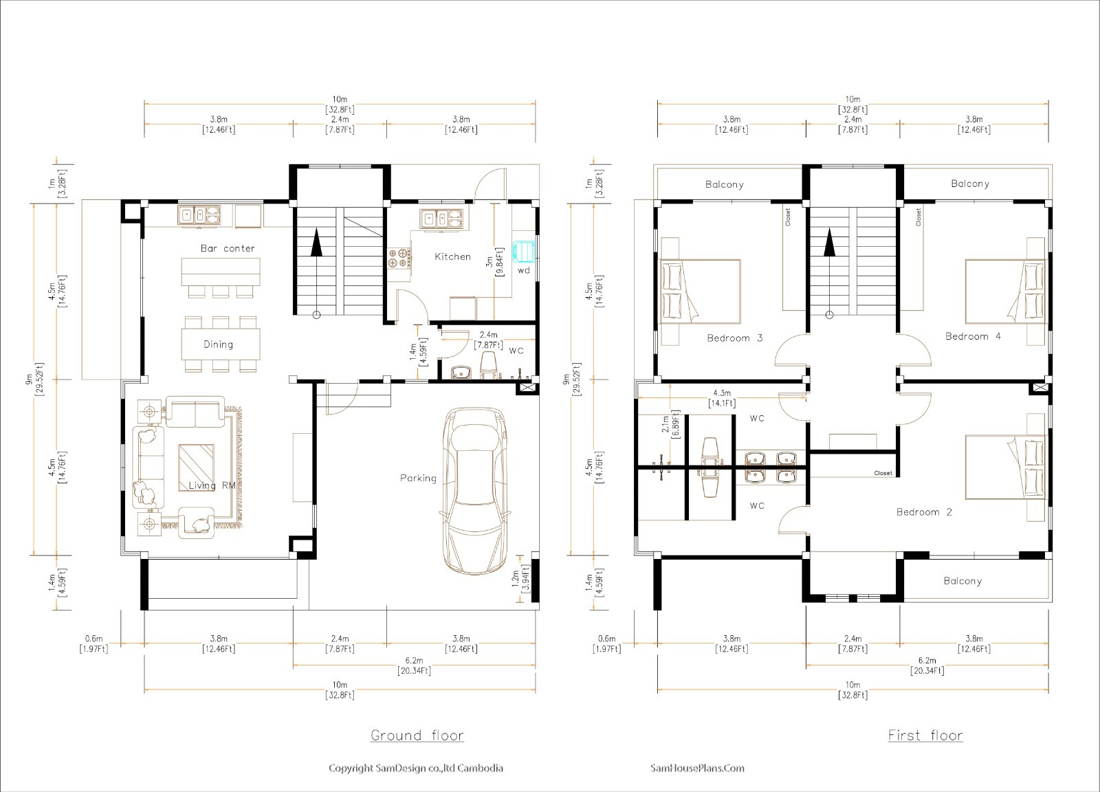 33x30 Feet House Design Plan 10x9 Meter 5 Beds 4 Baths Hip Roof (A4 ...