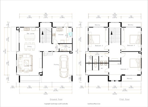 33x30 Feet House Design Plan 10x9 Meter 5 Beds 4 Baths Hip Roof (A4 ...