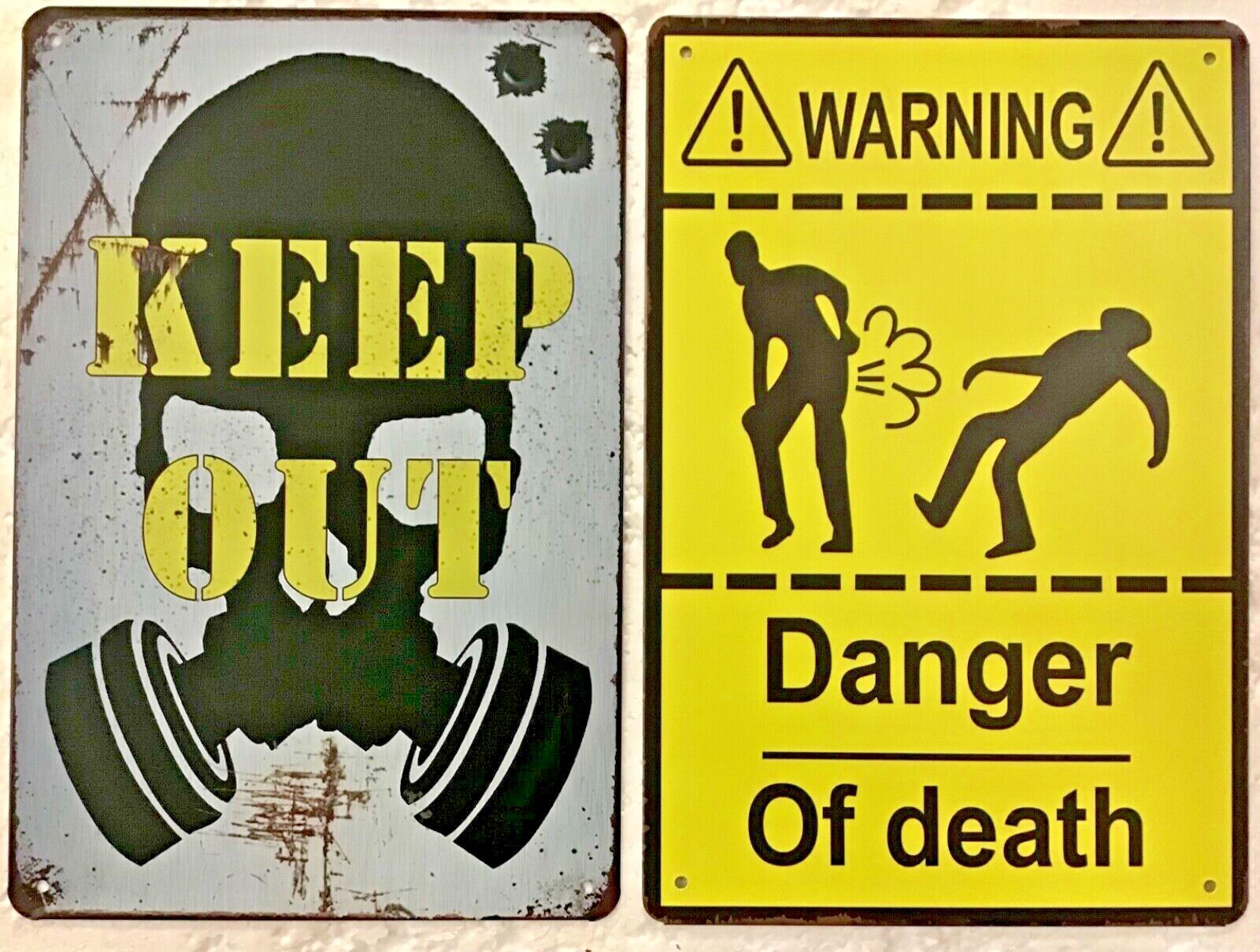 TWO 8x12 TIN SIGNS Warning skull funny fart farting gas mask danger ...