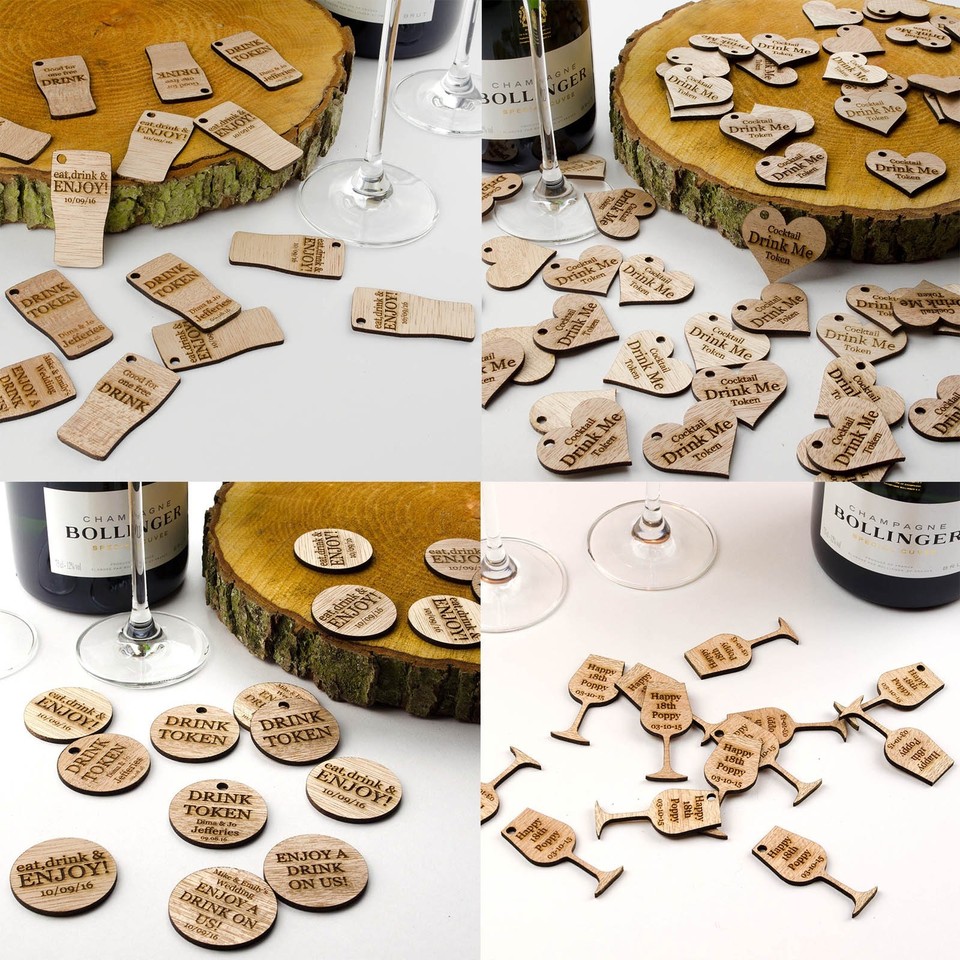 Wooden Drink Tokens. 3cm Personalised Hearts. Rustic Wedding Guest ...