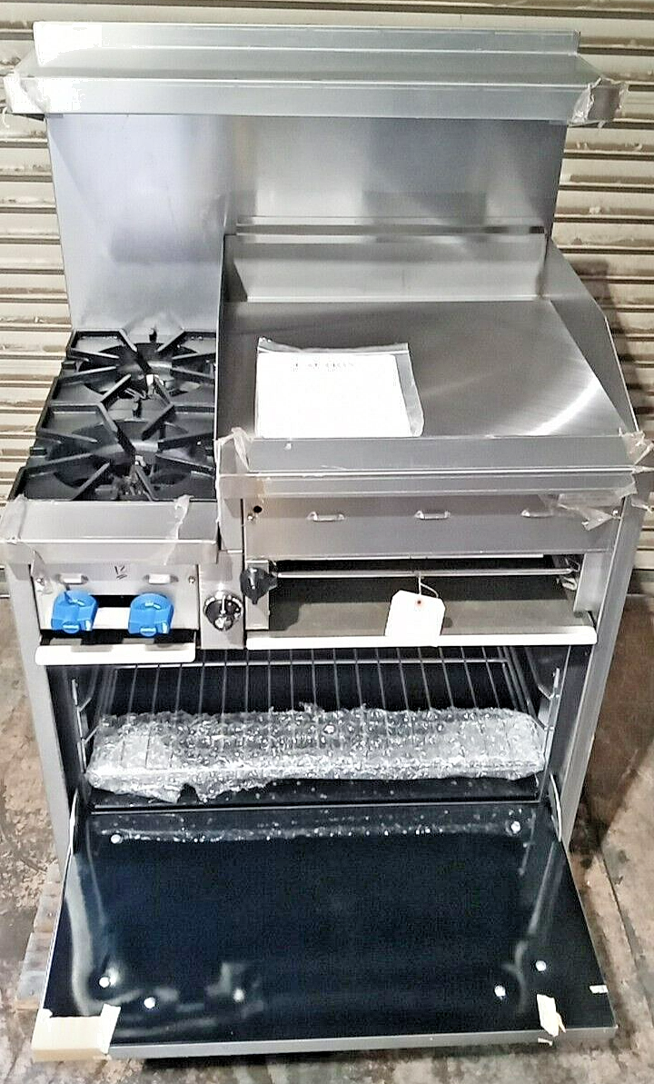 New 36" Gas Range, 2 Burners, 24" Griddle, Cheese Melter, Enamel Lined ...