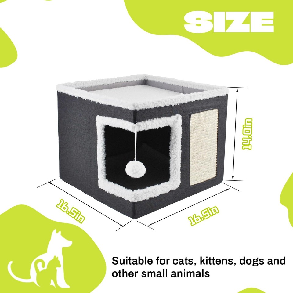 MUYG Cat Bed for Indoor Cats Cube House,Large 16.5"Lx16.5"Wx14"H, Grey ...